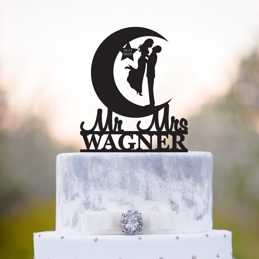 Moon Bride and Groom Cake Topper,last Name Cake Topper,moon and Stars ...