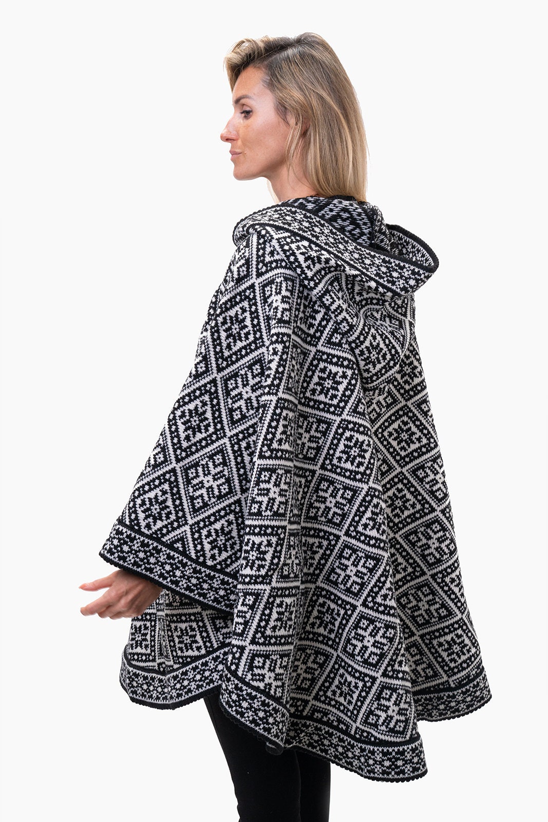 Traditional Wool Poncho, Knitted Woolen Poncho With Ornament, Hooded ...