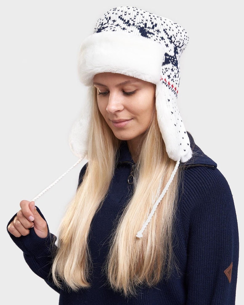 Wool Ushanka Hat With Reindeer, Nordic Knitted Ear Flap, Christmas ...