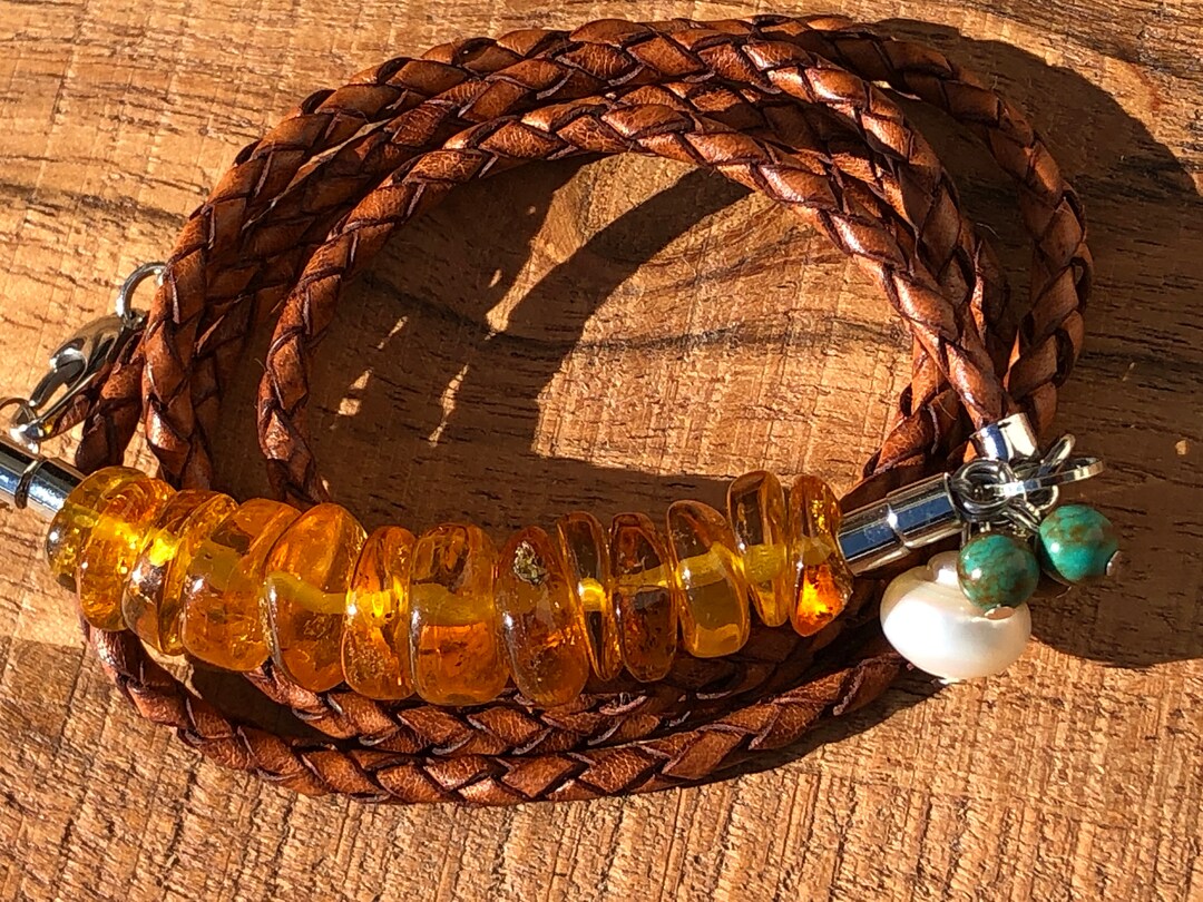 Honey Copal, Pearl, and Leather Boho Wrap Bracelet - Etsy