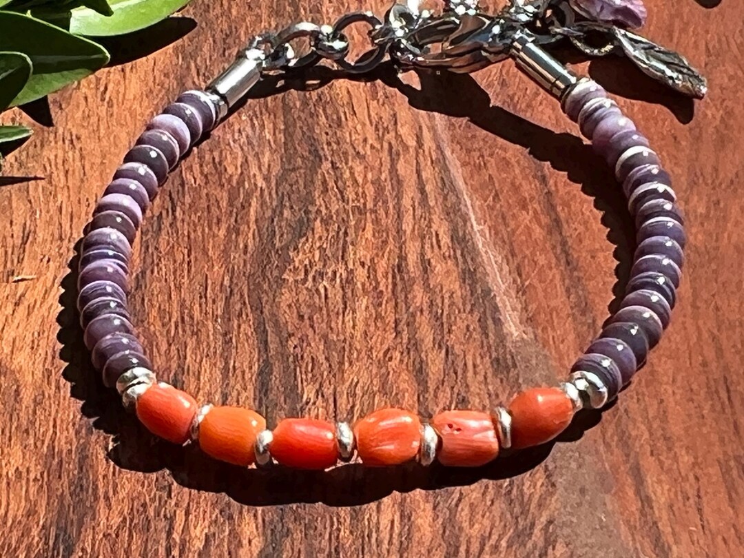Wampum Shell & Italian Coral Bracelet – Hill Tribe Silver, Carved Shell ...