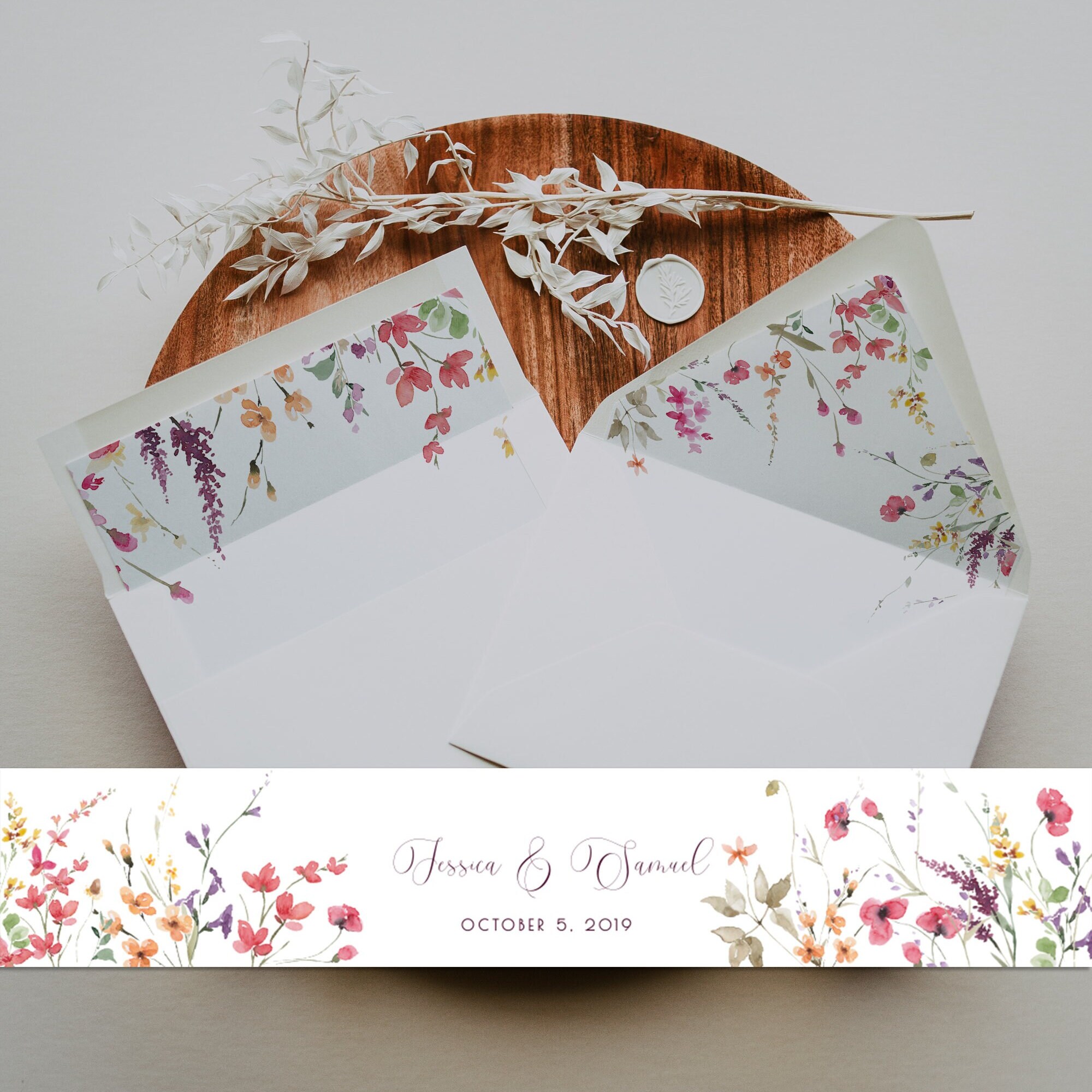 Whimsical Wildflower Wedding Envelope Liners & Belly Band Template ...