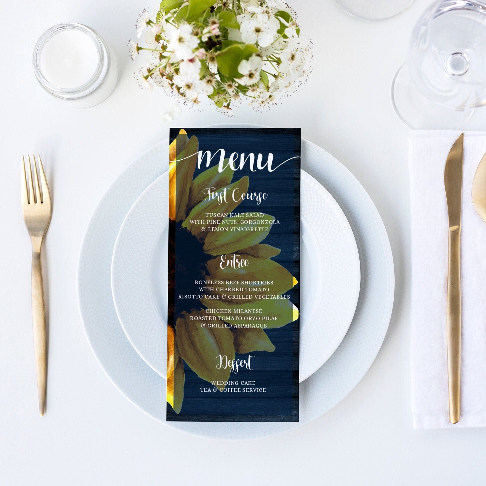 Sunflower Navy Blue Menu Card Template-rustic Wedding Place - Etsy