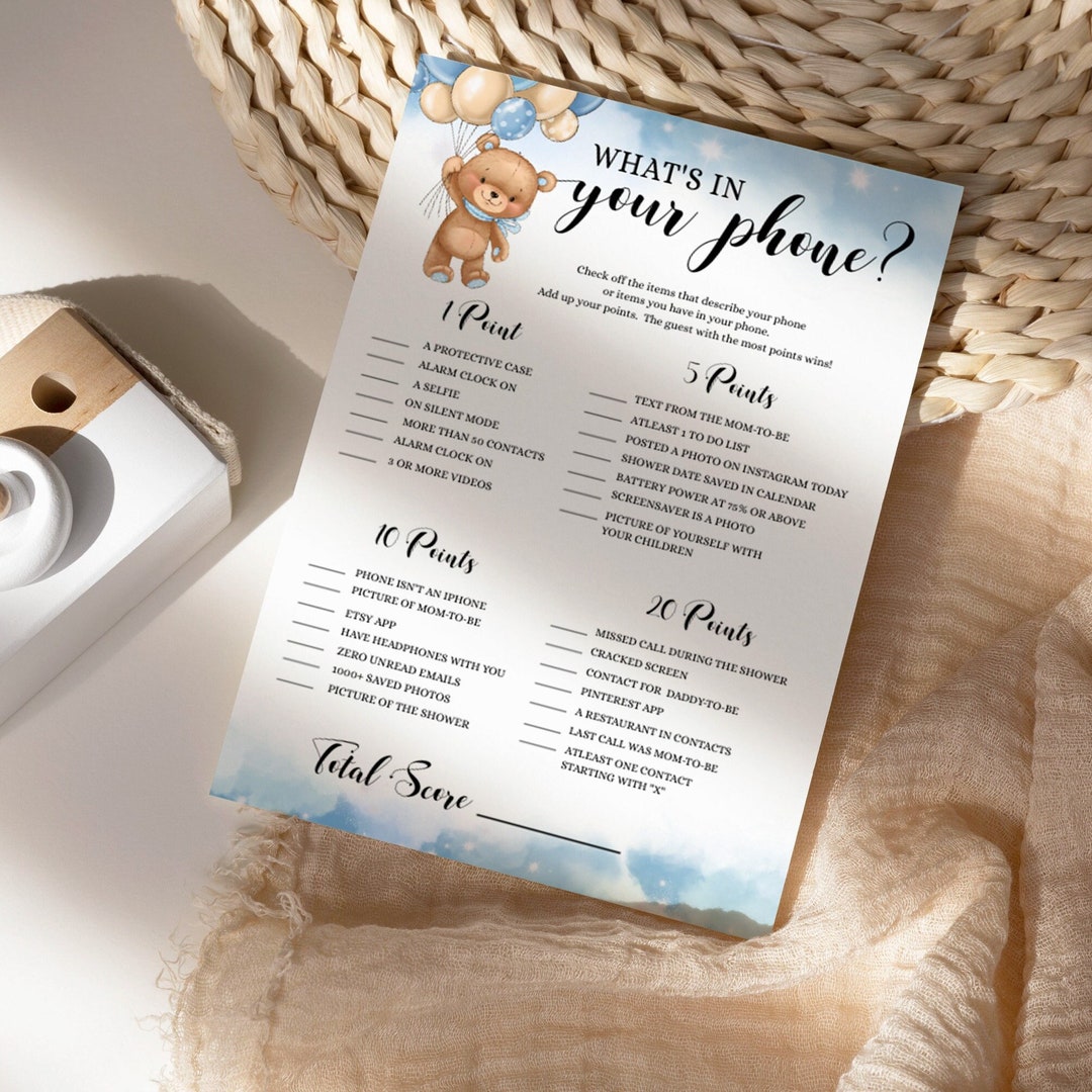 Teddy Bear Themed Baby Shower Activity Blue What's in Your Phone Game ...