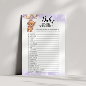 Fun Word Scramble Game for Baby Shower Lavender Teddy Bear Theme We Can ...