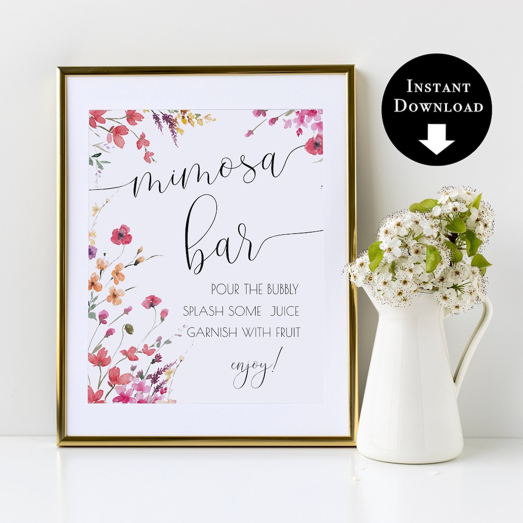 Elegant Mimosa Bar Sign Template, Bubbly Sign, Wildflower Sign, Bridal ...
