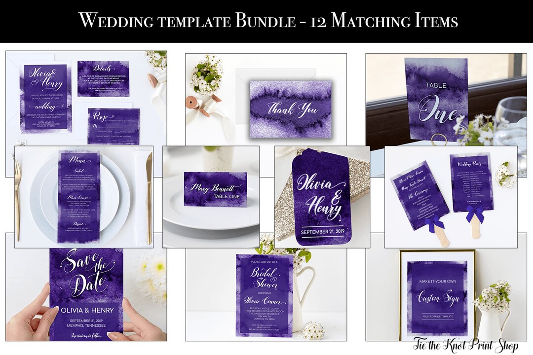 Purple Watercolor Wedding Template Set Wedding Invite Suite - Etsy