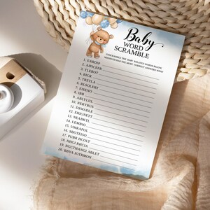 Blue Teddy Bear Themed Baby Shower Word Scramble Game - Blue Printable ...