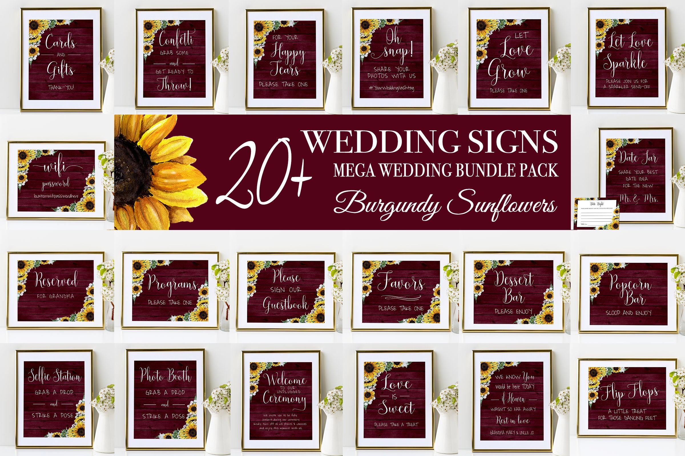 Burgundy Sunflower Wedding Sign Bundle Sunflower Signs - Etsy