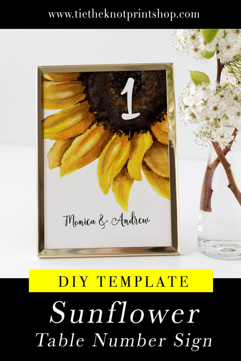 Sunflower Wedding Printable Table Card Table Number Sign | Etsy