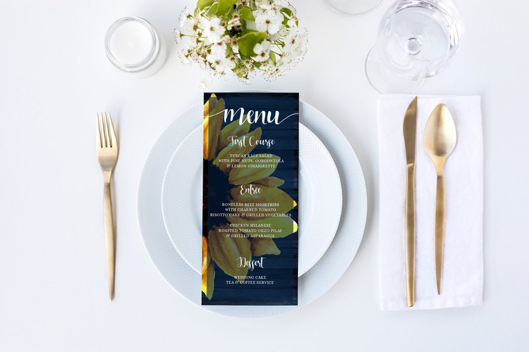 Sunflower Navy Blue Menu Card Template-rustic Wedding Place - Etsy