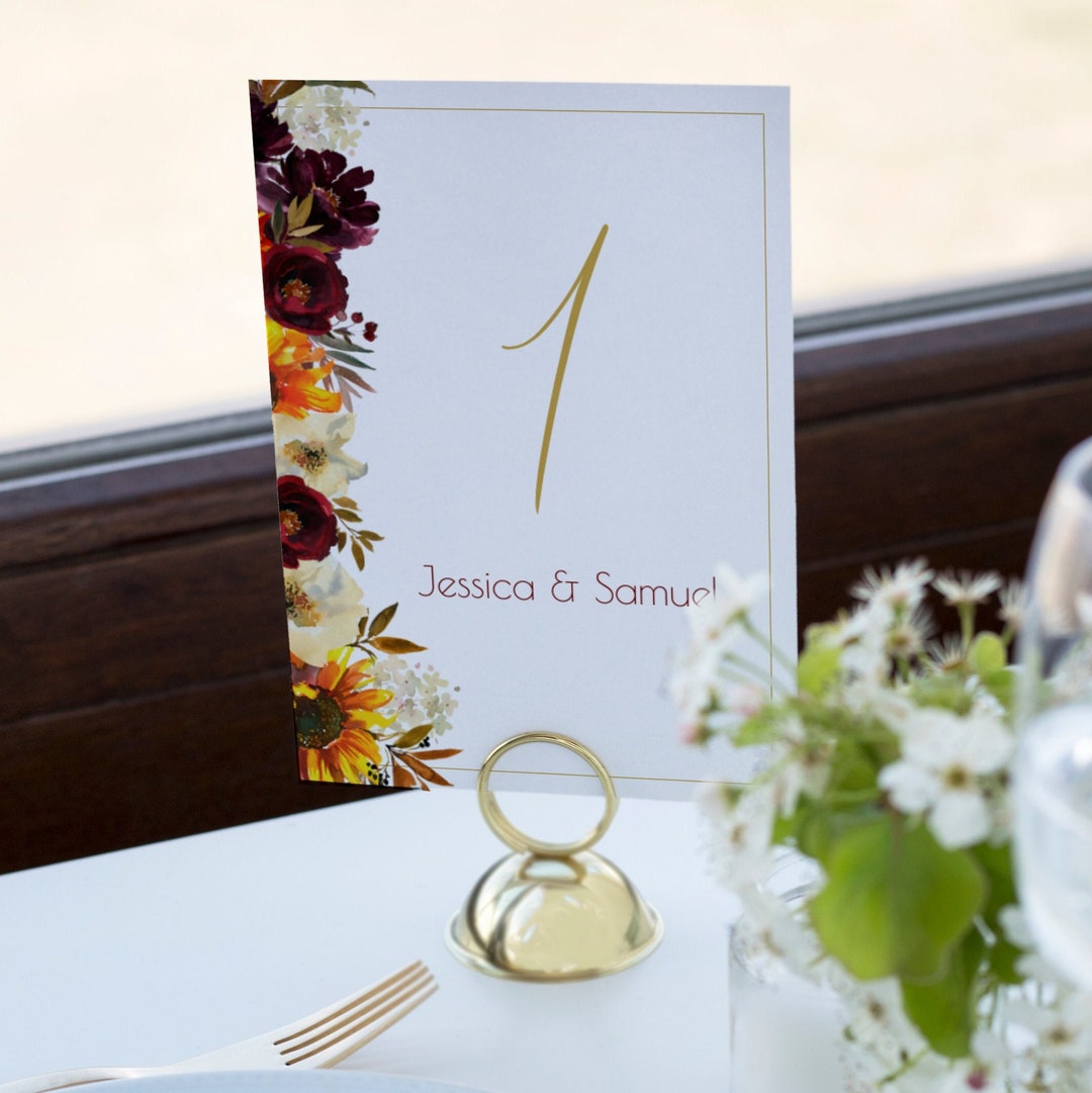 Sunflower Burgundy Wedding Table Number Sign Template table Number ...