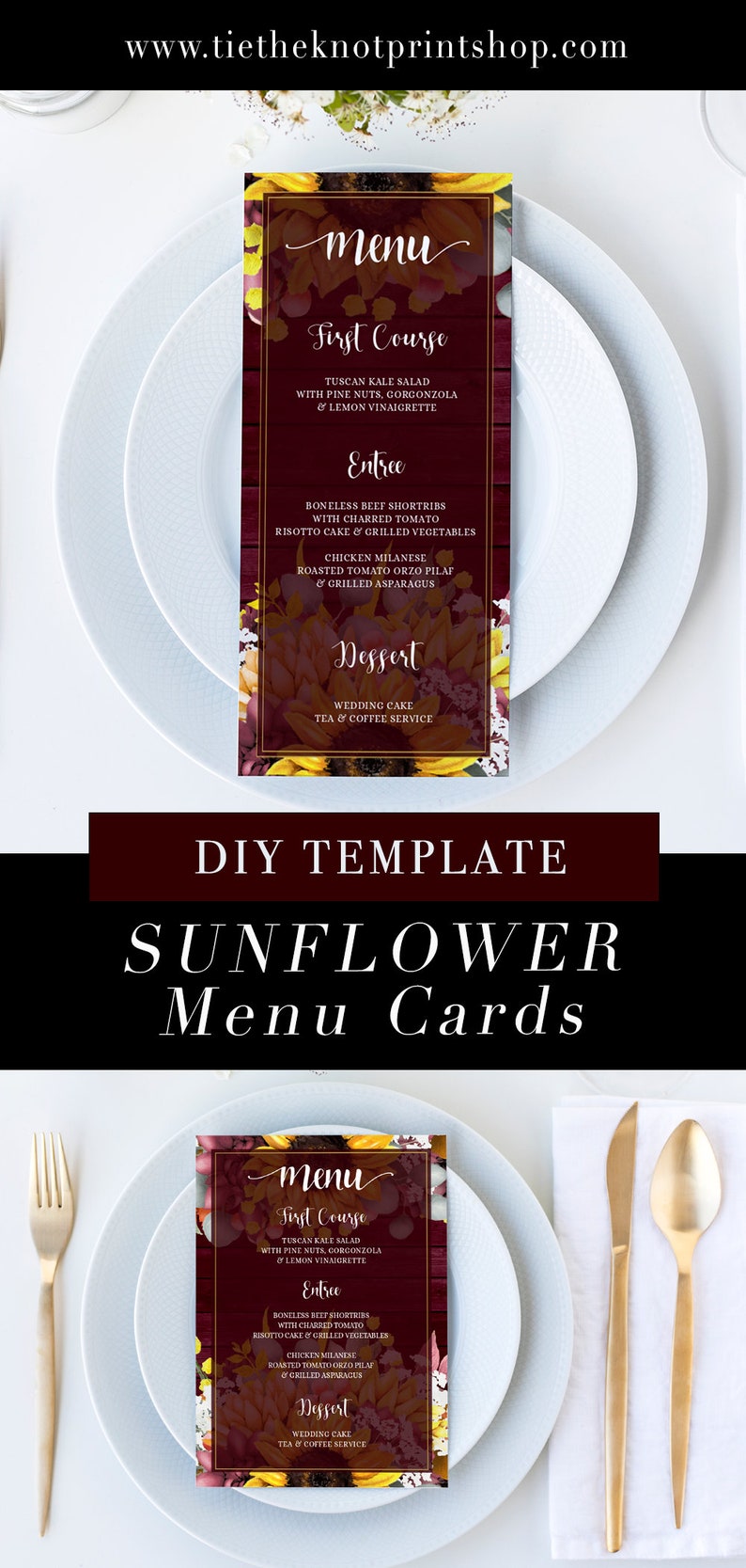 Burgundy Sunflower Menu Card Template-rustic Wedding Place - Etsy