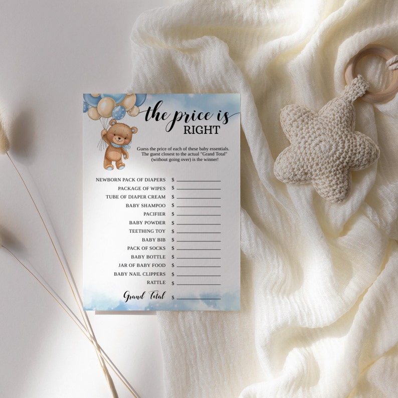 Blue Teddy Bear Themed Baby Shower Game the Price is Right Instant ...