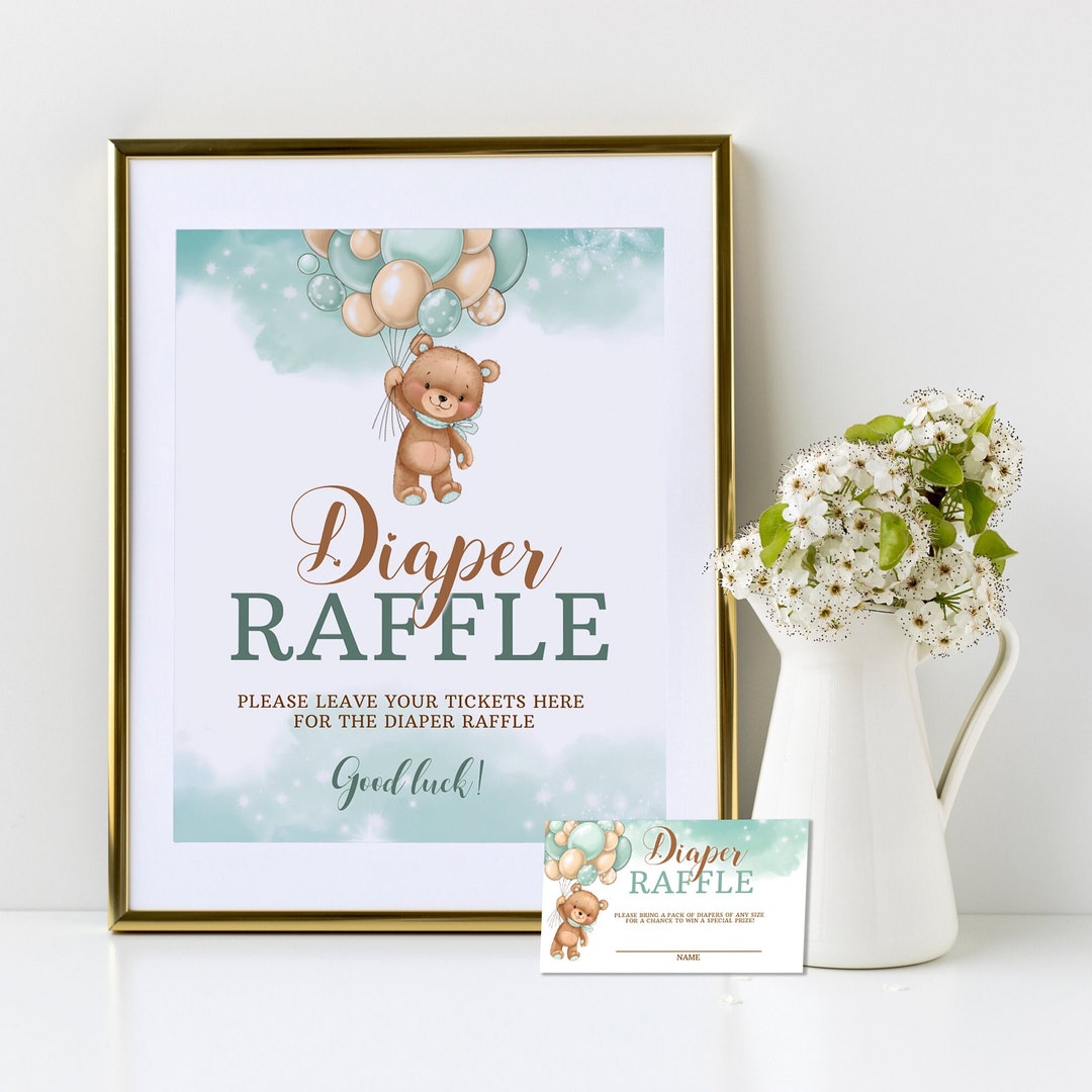 Cute Sage Teddy Bear Diaper Raffle Sign and Diaper Raffle Card ...