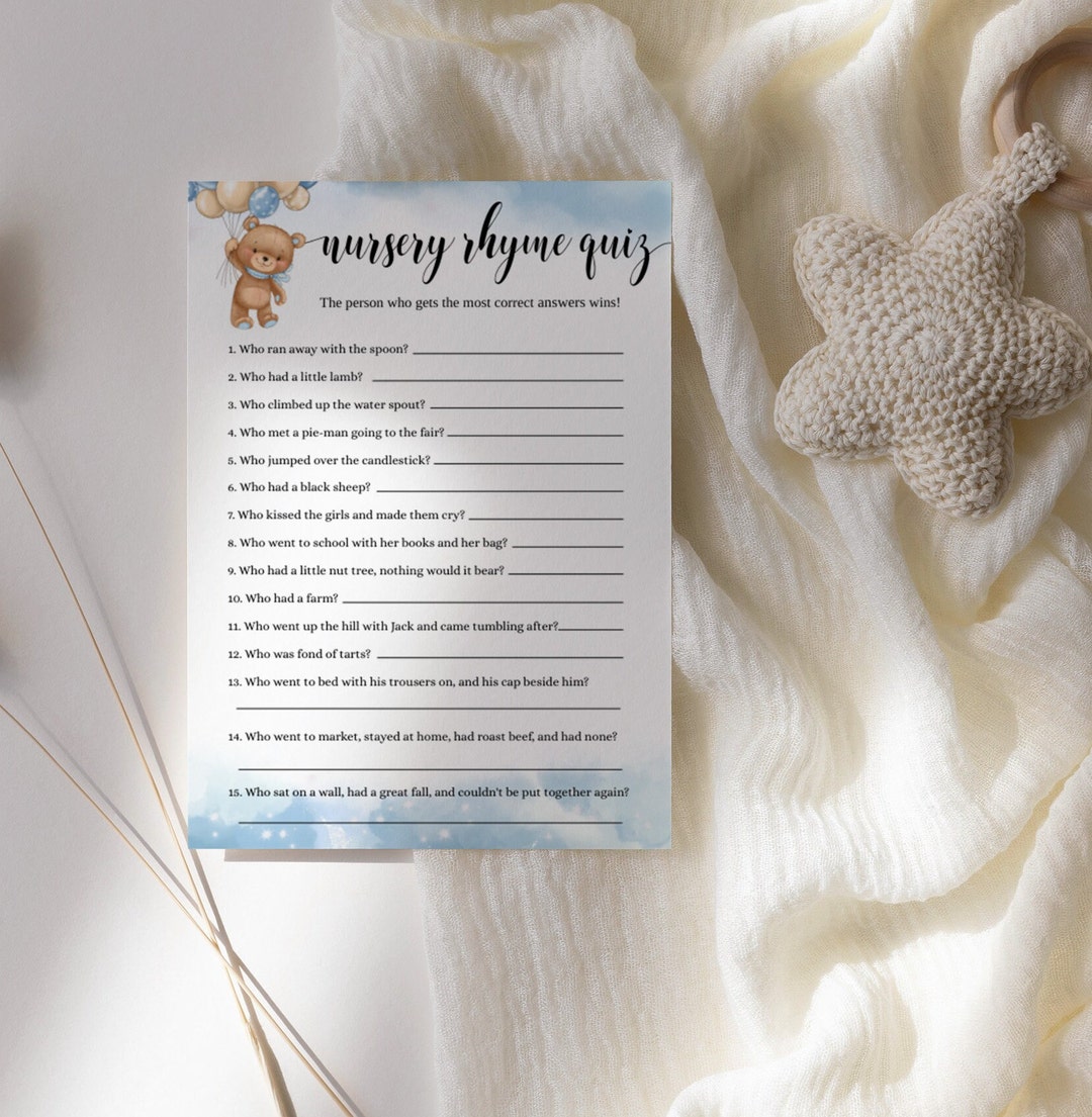 Blue Teddy Bear Nursery Rhyme Quiz Baby Shower Game Printable Template ...