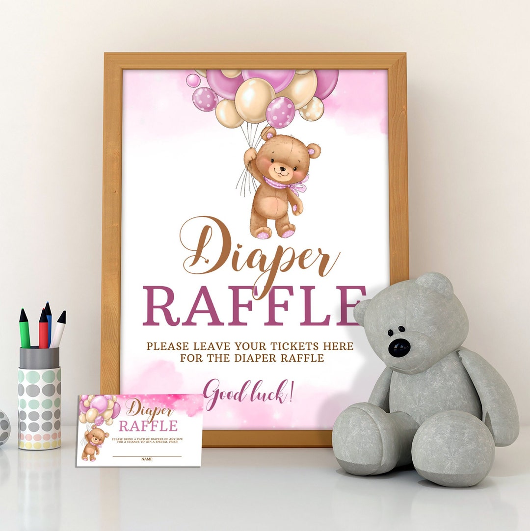 Cute Pink Teddy Bear Diaper Raffle Sign and Diaper Raffle Card ...
