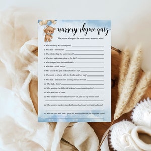 Blue Teddy Bear Nursery Rhyme Quiz Baby Shower Game Printable Template ...
