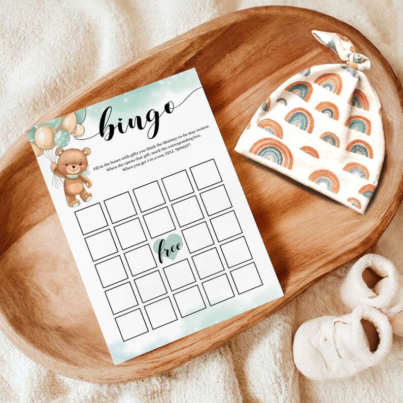 Sage Green Teddy Bear Baby Shower Bingo Cards Perfect Gender Neutral ...