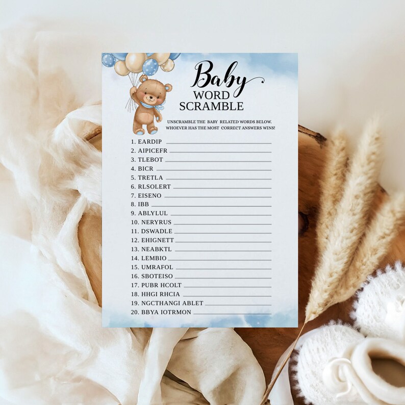 Blue Teddy Bear Themed Baby Shower Word Scramble Game - Blue Printable ...
