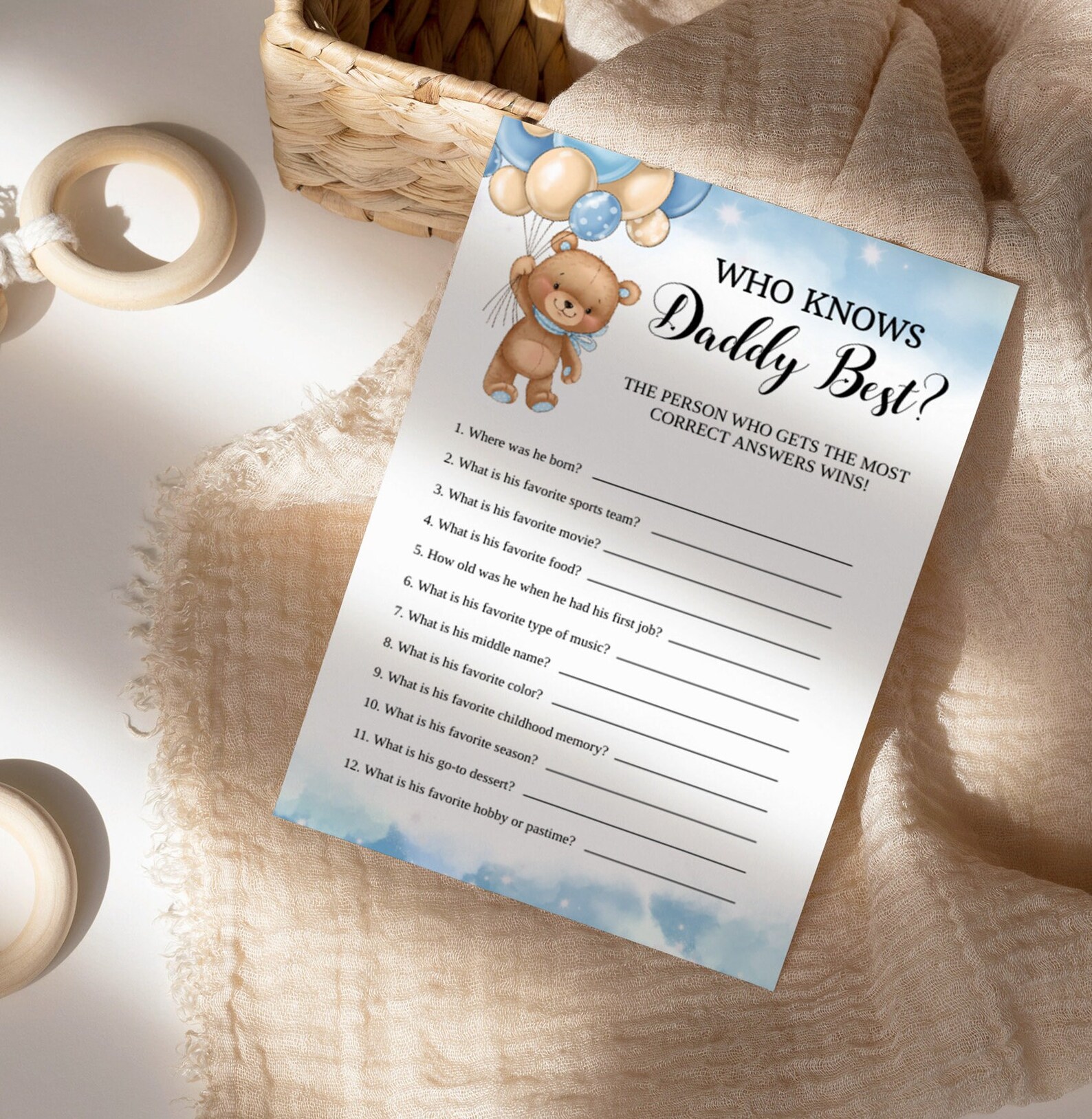 Blue Teddy Bear Baby Shower Game - Who Knows Daddy Best - Printable ...