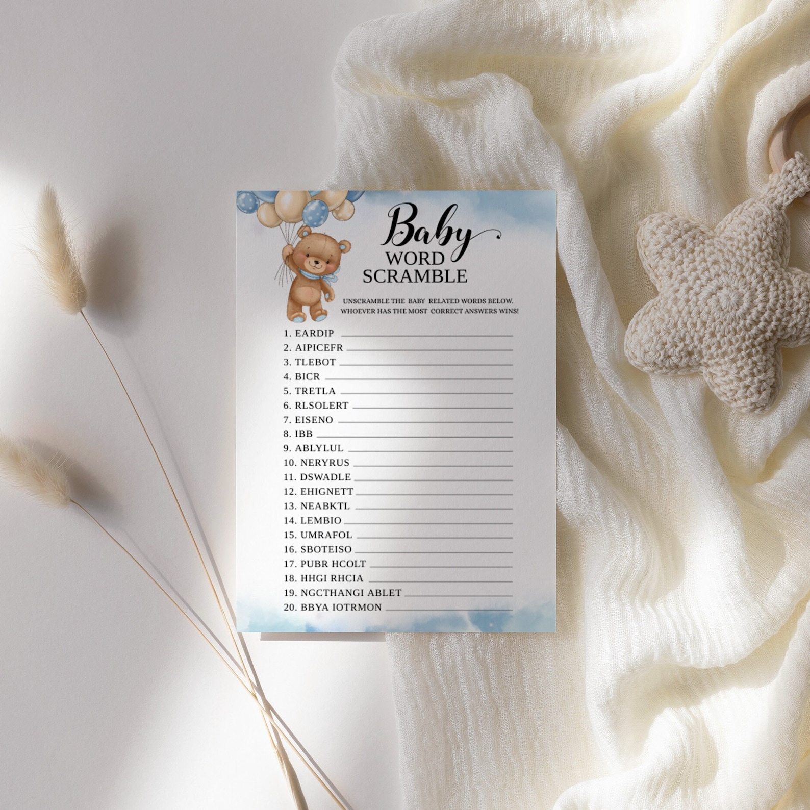 Blue Teddy Bear Themed Baby Shower Word Scramble Game - Blue Printable ...