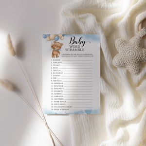 Blue Teddy Bear Themed Baby Shower Word Scramble Game - Blue Printable Game - Word Puzzle - Baby ...