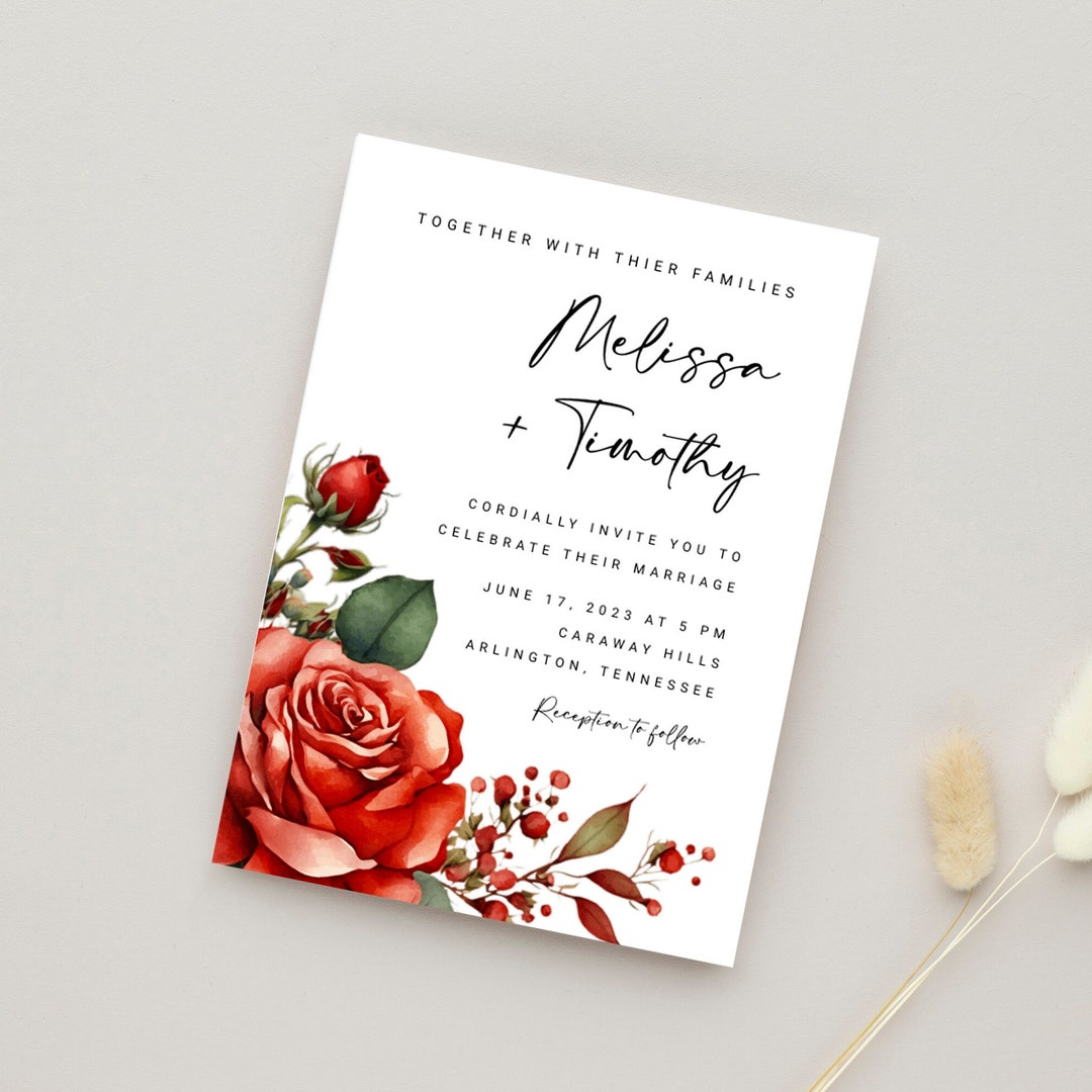 Signature Red Rose Invitation Template Red Wedding Invite Single Rose ...