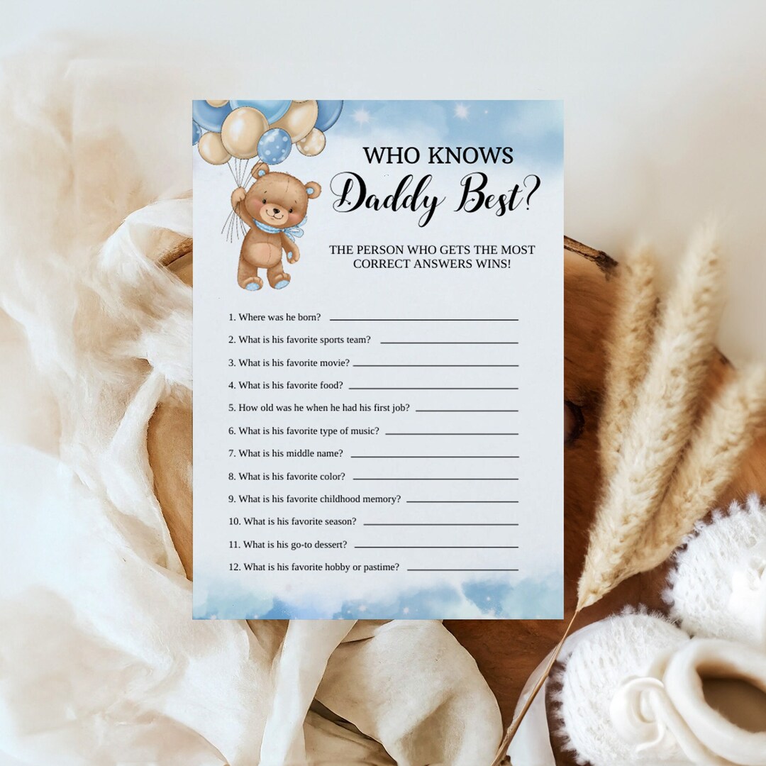 Blue Teddy Bear Baby Shower Game - Who Knows Daddy Best - Printable ...