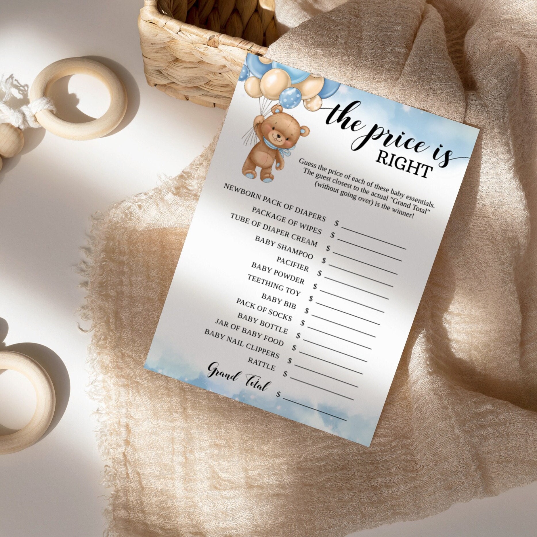 Blue Teddy Bear Themed Baby Shower Game the Price is Right Instant ...