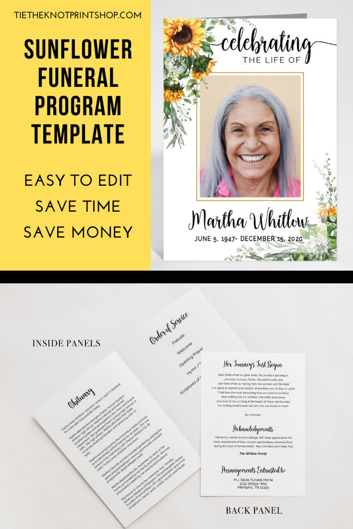 Lovely Sunflower Funeral Program Template Celebration of - Etsy