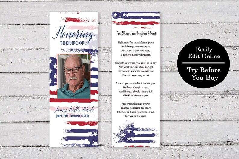 Veteran Funeral Bookmark Template Memorial Bookmark - Etsy