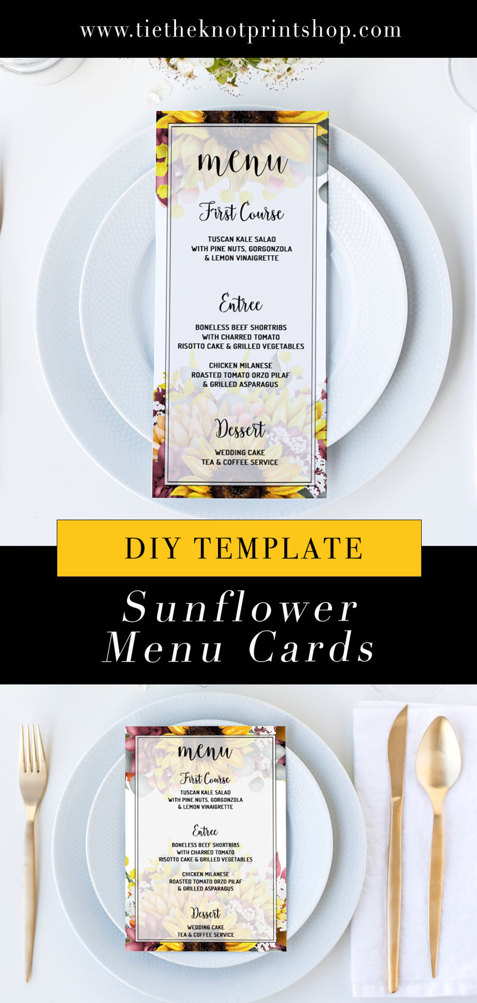 Sunflower Wedding Menu Cards Template Fall Wedding | Etsy