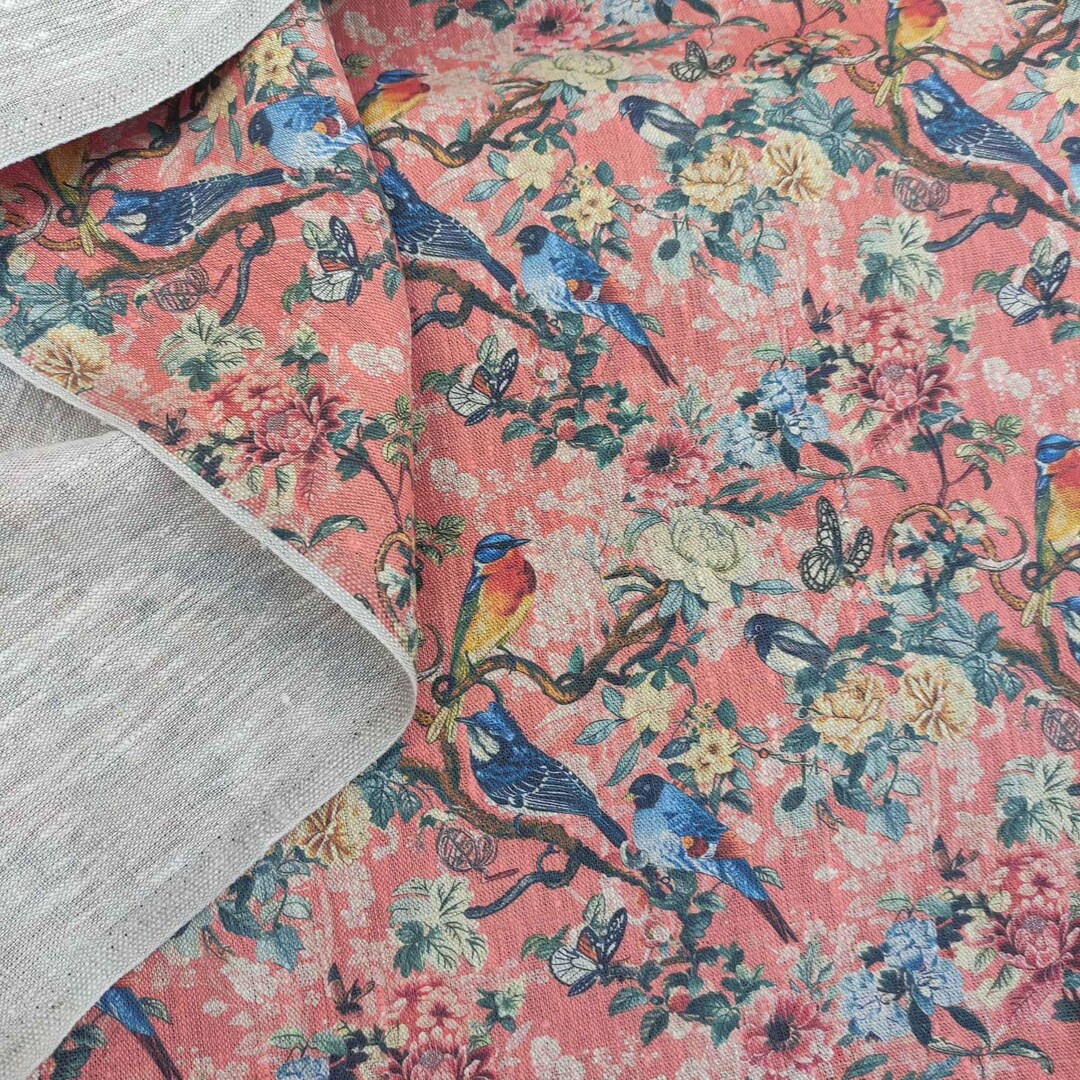 100% LINEN Fabric Toile De Jouy With Flowers and Birds, Pink Botanical ...