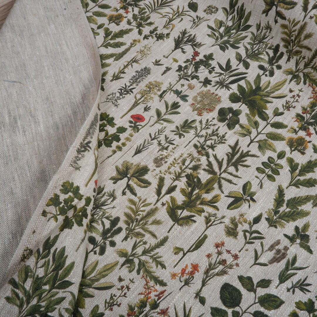 100% LINEN Fabric French Herbs Pattern on Oatmeal Linen - Provence ...