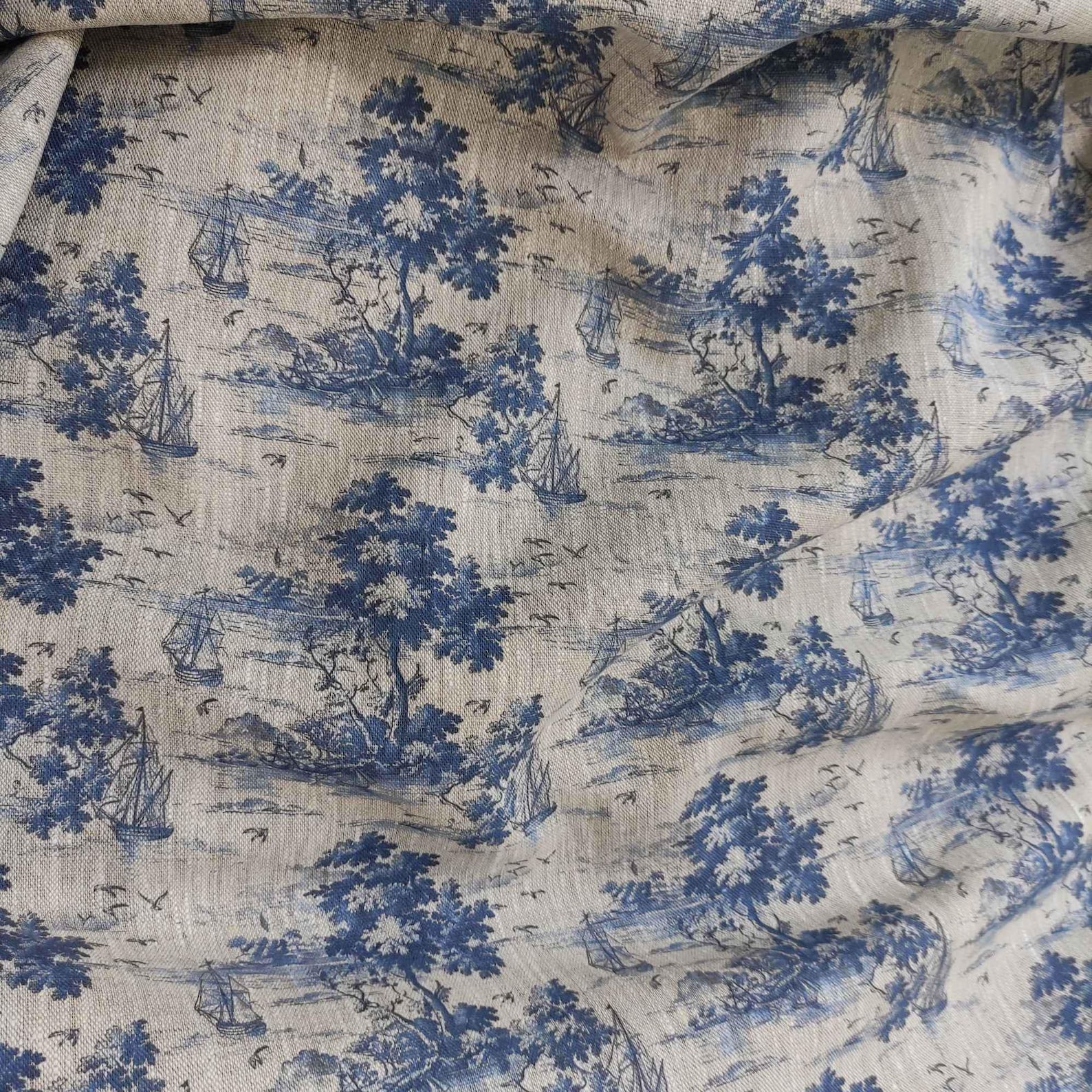 100% LINEN Fabric Toile De Jouy With Ship and Island Print, Oatmeal ...