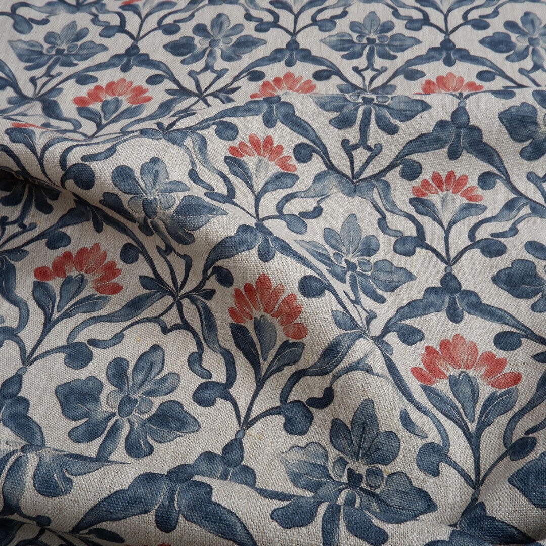 100% LINEN Fabric Portuguese Tile Floral Pattern on Linen - Floral ...