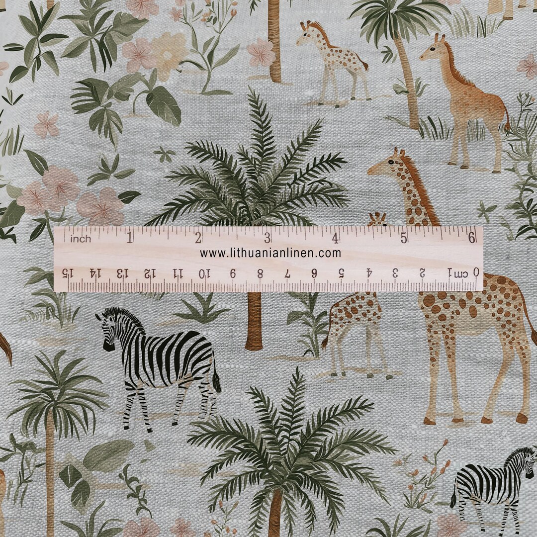 100% LINEN Fabric Afica Print With Giraffe and Zebra - Oatmeal Natur ...