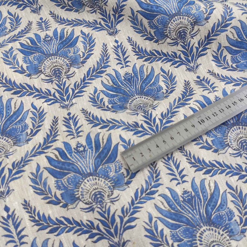 100% LINEN Fabric French Blue Block Print on Oatmeal Natur Linen ...