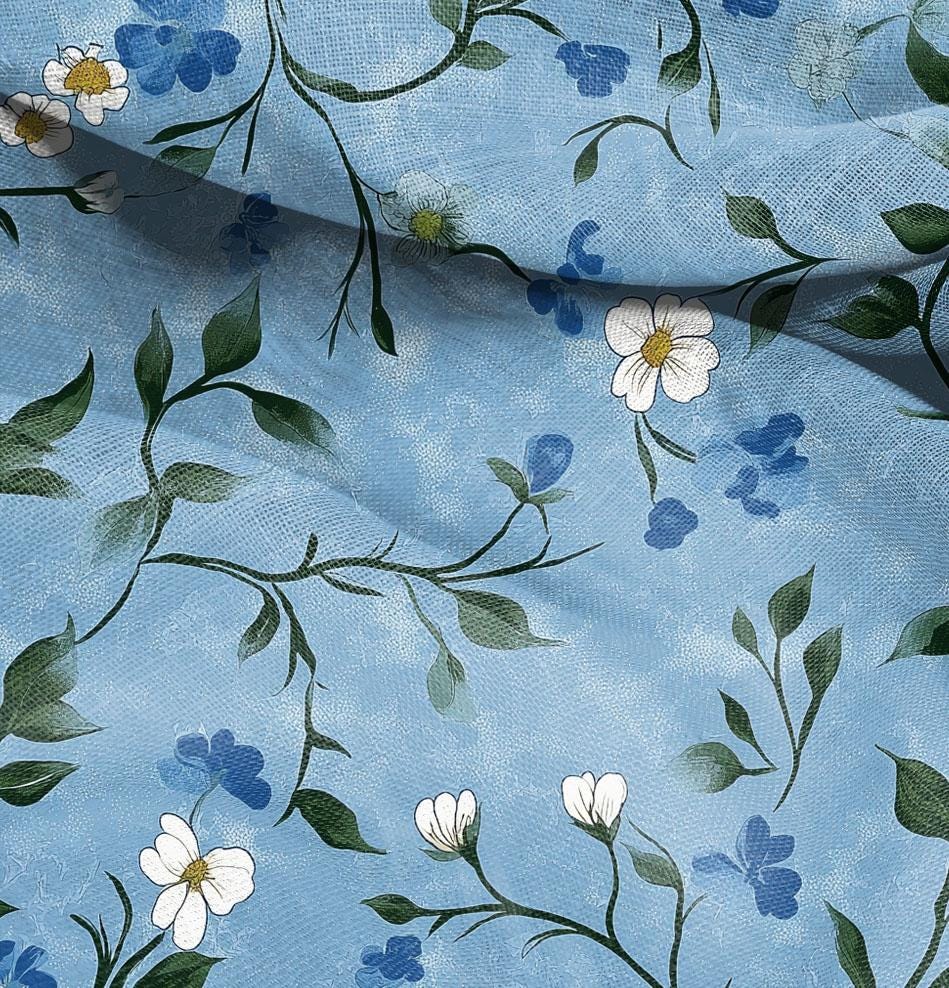 100% LINEN Fabric Floral Blue Print - Linen Fabric With Blue Botanical ...
