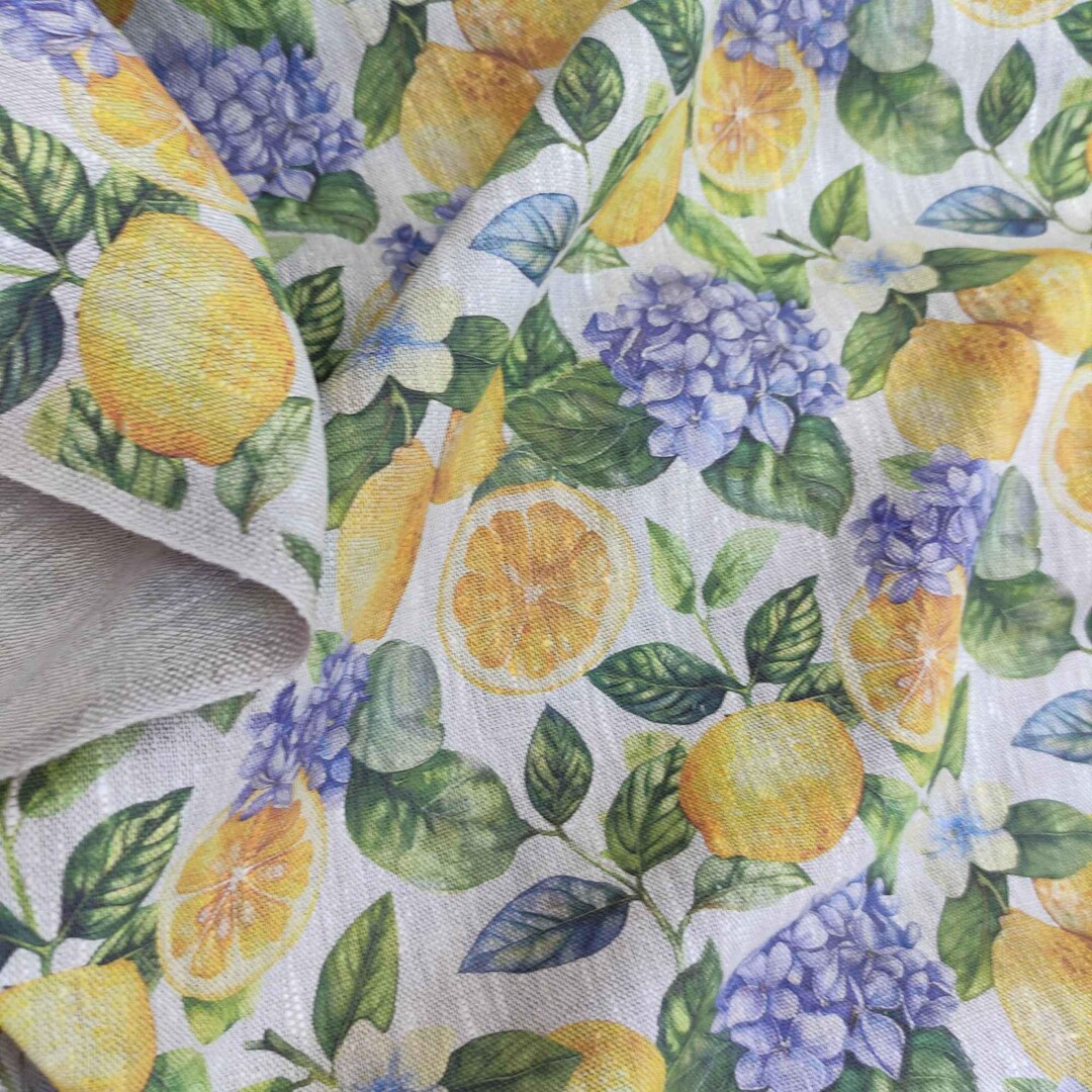 100% LINEN Fabric Lemon and Hydrangea Print - Oatmeal Natur Linen With Citrus Print - Linen ...