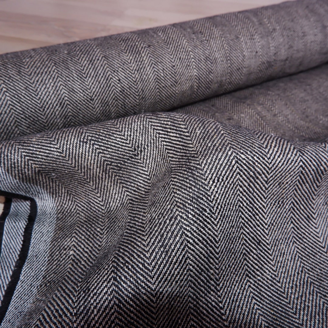 Fishbone 100% Linen Fabric - Broken Twill Herringbone - Black White ...