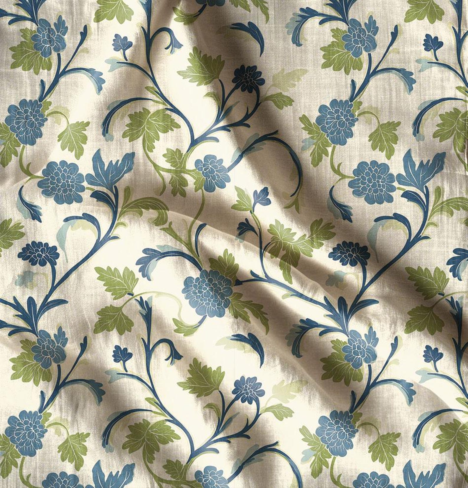 100% LINEN Fabric Botanical Blue Green Print on Linen, Modern Vintage ...