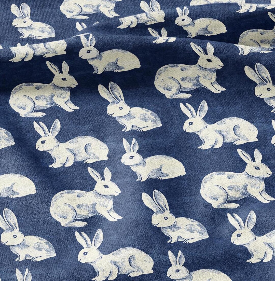 100% LINEN Fabric Rabbit Indigo Blue Print - Bunny Linen Fabric With ...