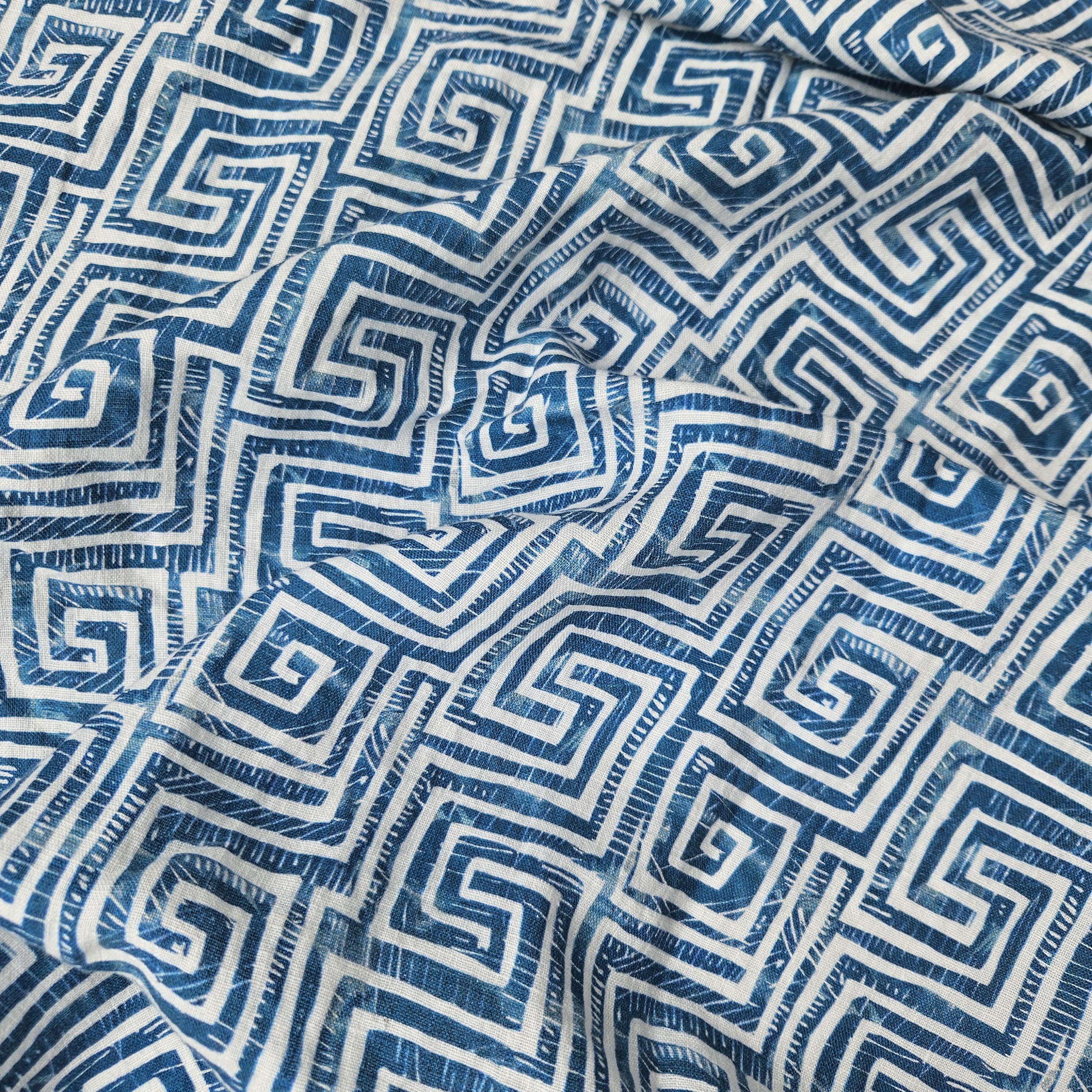 100% LINEN Fabric Block Greek Key Infinity Print Indigo Blue on White ...