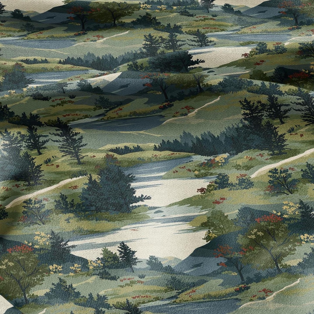 100% LINEN Fabric Scandinavian Forest Scenery - Greenlandscape Print ...