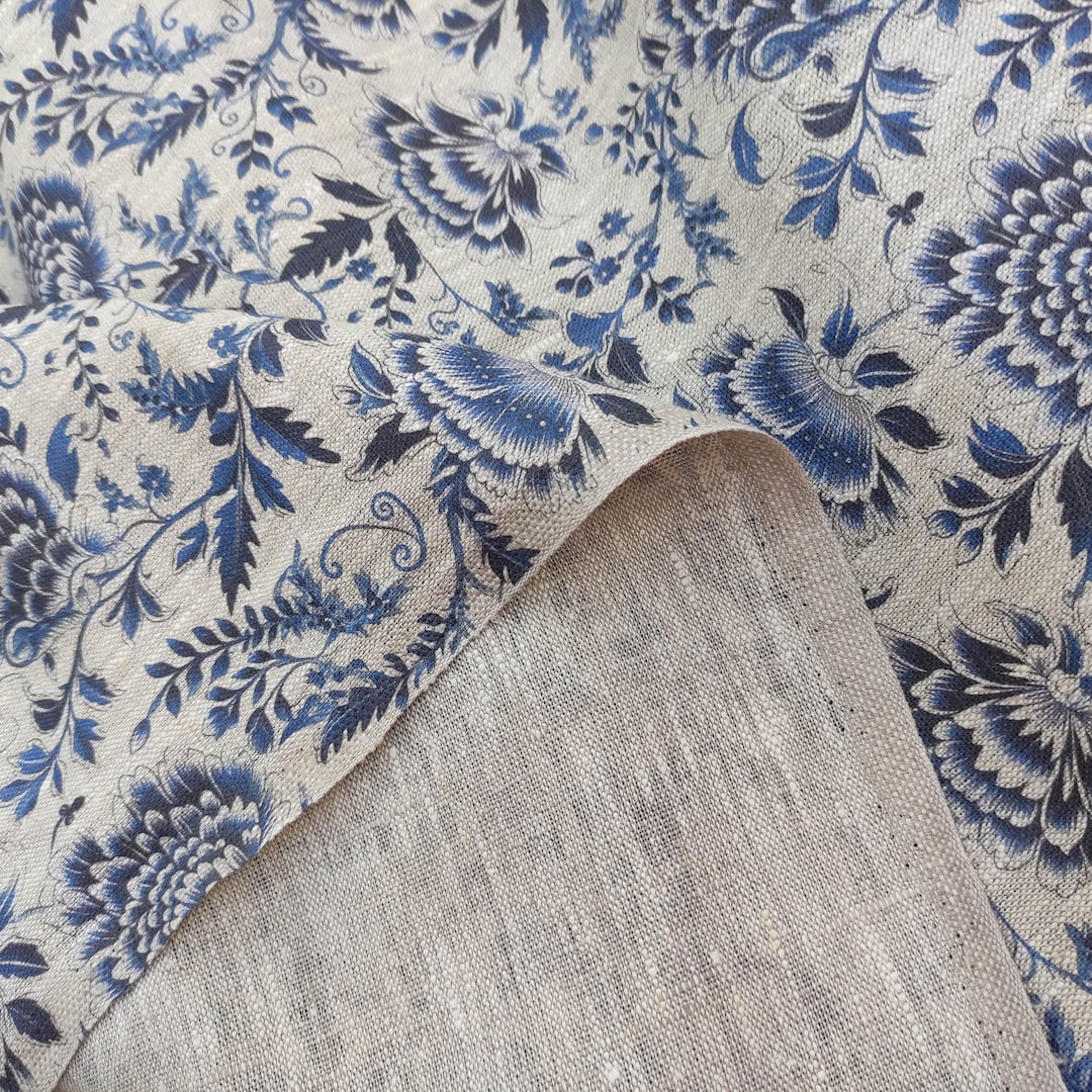 100% LINEN Fabric Indigo Blue on Oatmeal Natur Linen, White Botanical ...