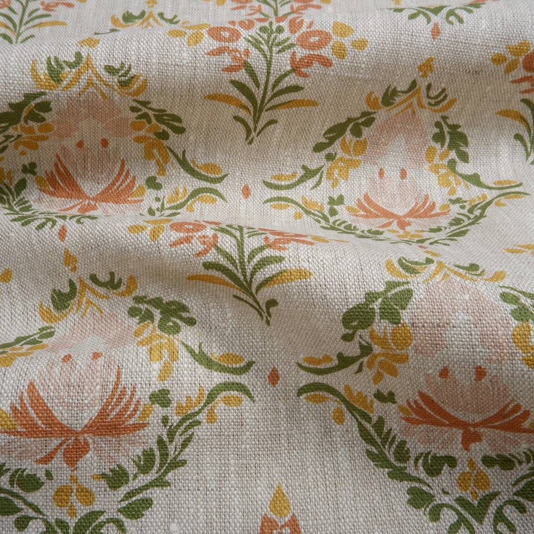 100% LINEN Fabric Block Print Pastel Green Pink Grey | Oatmeal Linen ...