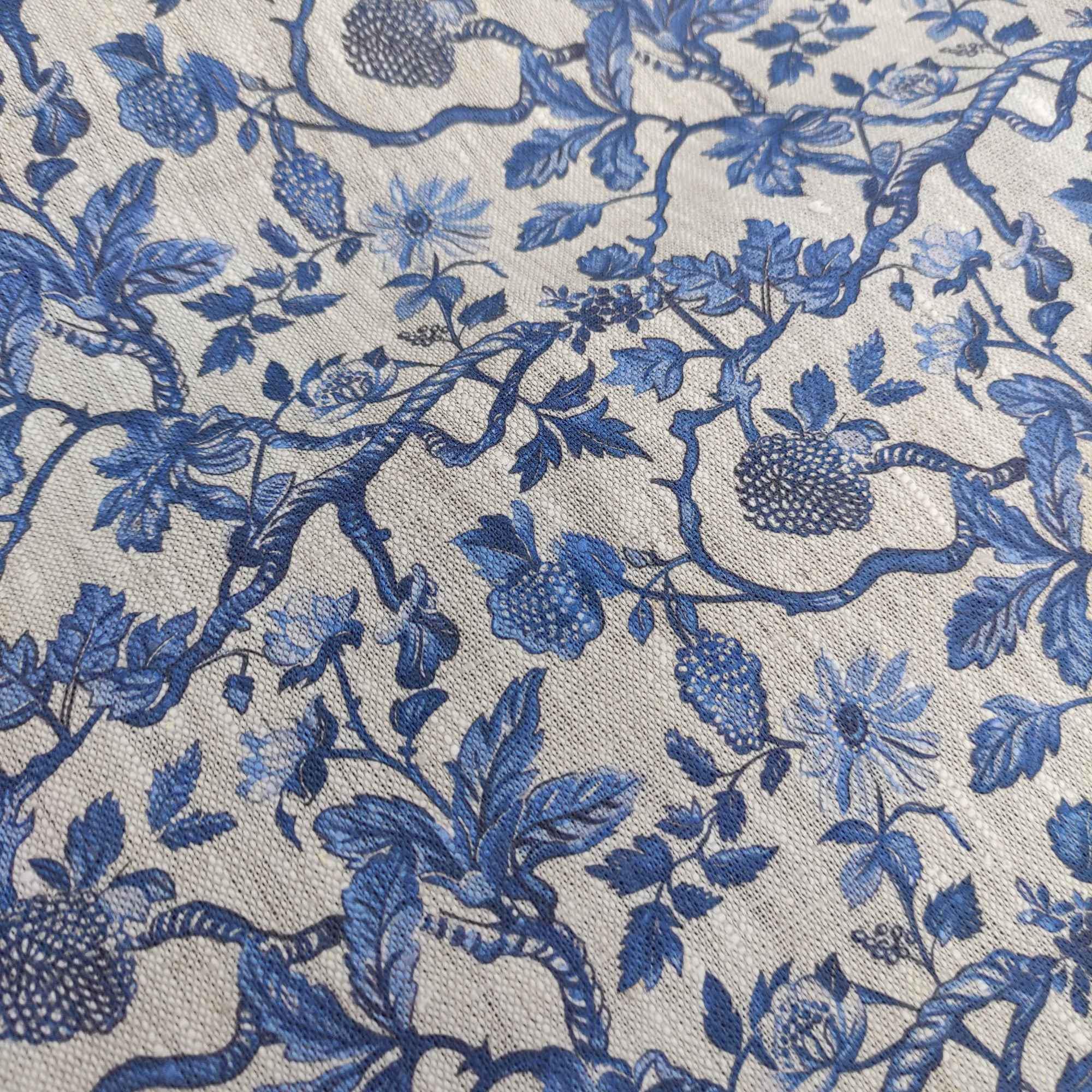 100% LINEN Fabric French Blue Block Print on Oatmeal Natur Linen ...
