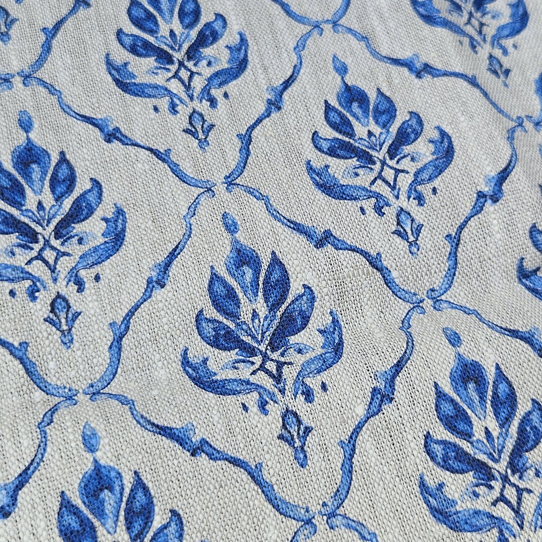 100% LINEN Fabric French Blue Block Print on Oatmeal Natur Linen ...